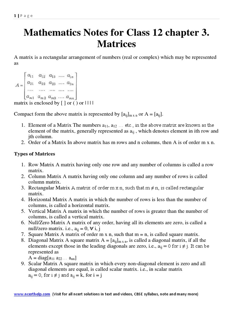 Mathematics Notes and Formula For Class 12 Chapter 3. Matrices | PDF ...