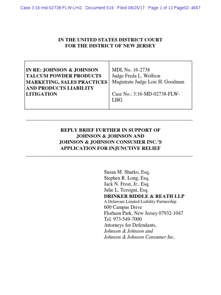 J&J Reply Brief On Talc Samples | PDF | Injunction | Lawsuit