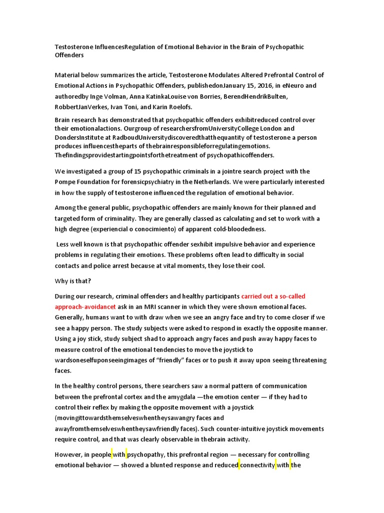 Testosterone Influences Regulation of Emotional Behavior in The Brain ...