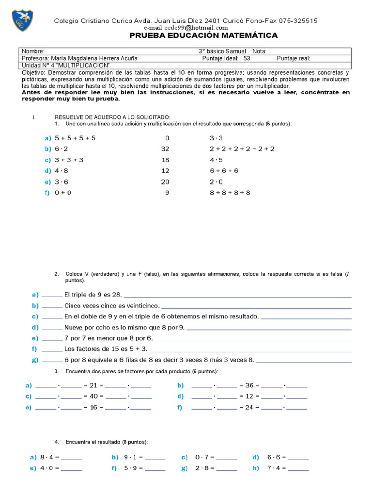 Prueba de Matemáticas 3° Básico: Multiplicación | PDF