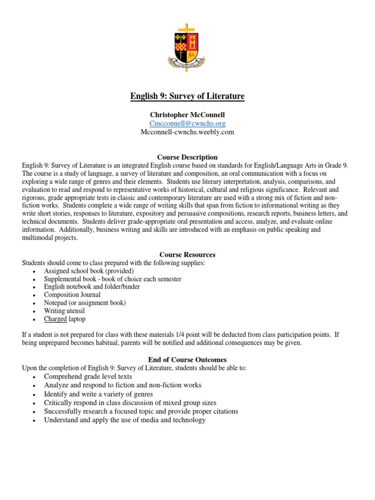 Mcconnell - English 9 - Syllabus 2017-18 | PDF | Homework | Educational ...