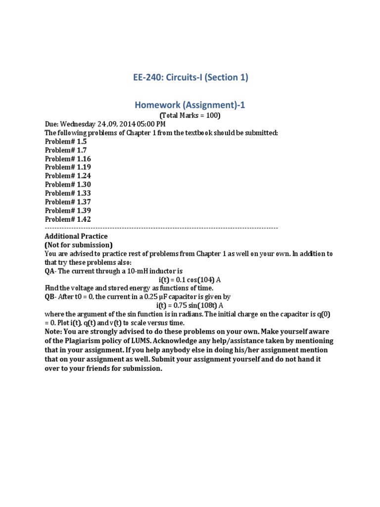 EE-240: Circuits-I (Section 1) Homework (Assignment) - 1 | PDF ...