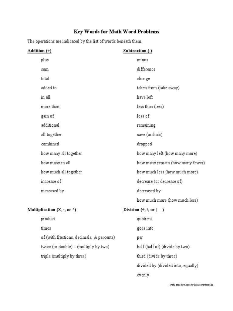 Key Words For Math Word Problems | PDF | Subtraction | Number Theory