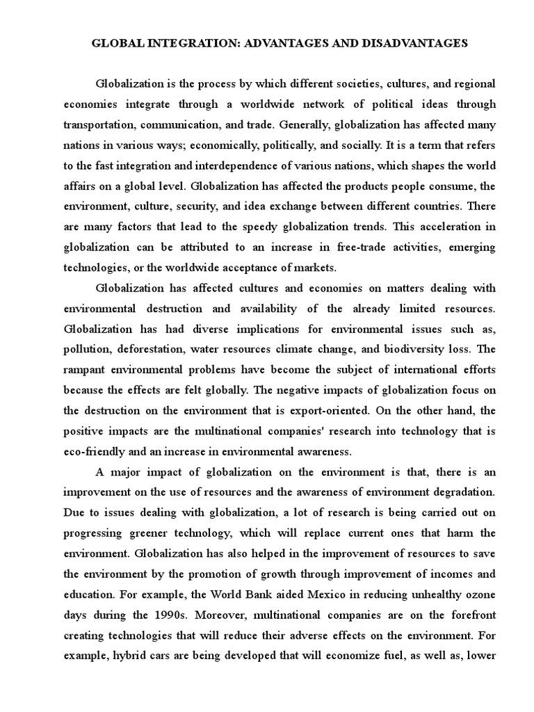 Global Integration: Advantages and Disadvantages | PDF | Globalization ...