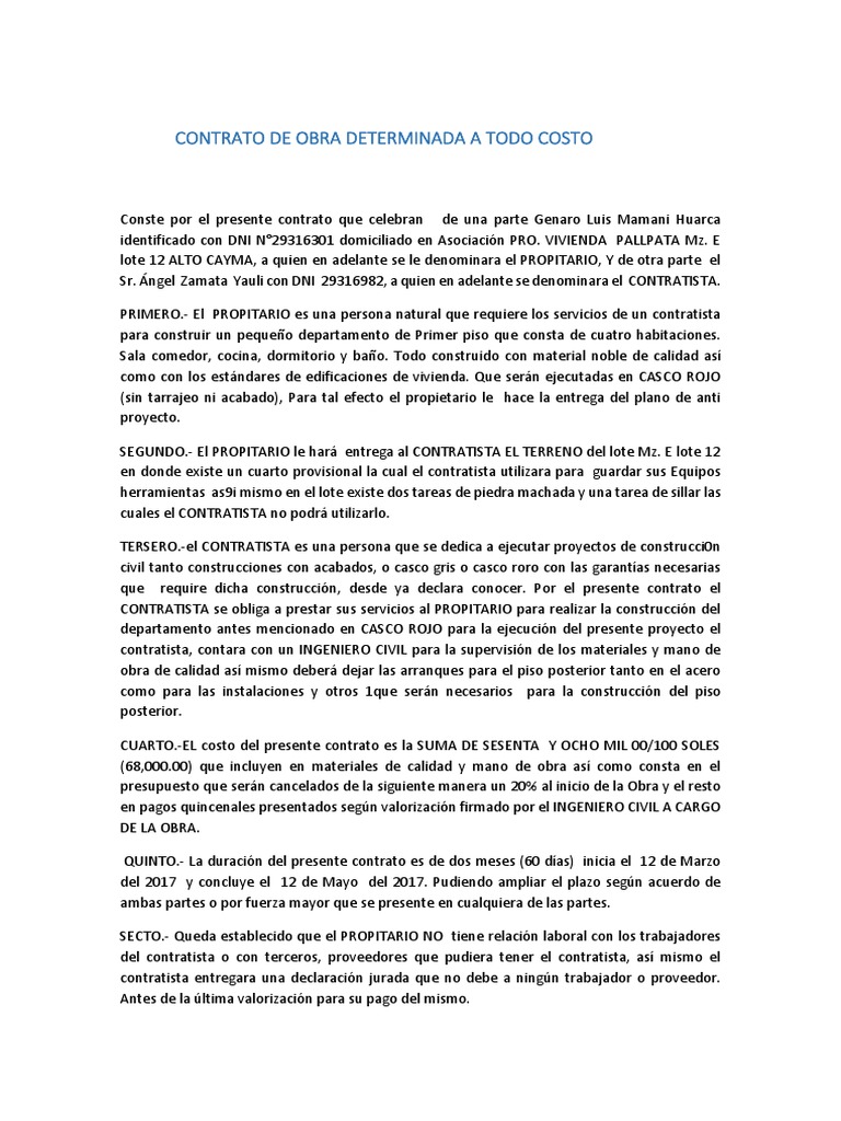 Contrato de Obra Determinada A Todo Costo | PDF | Business