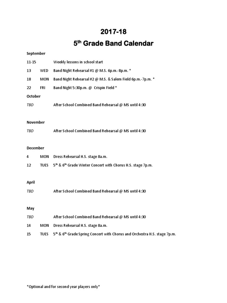 5th Grade Band Calendar | PDF
