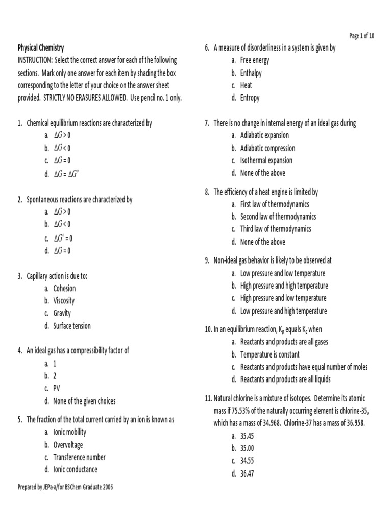 Physical Chemistry Board Exam Questions.pdf | Gibbs Free Energy | Gases