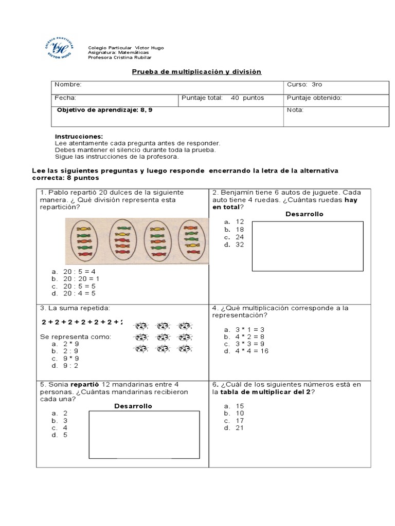 Prueba 3ro Mate Multiplicación y División | PDF | Multiplicación ...