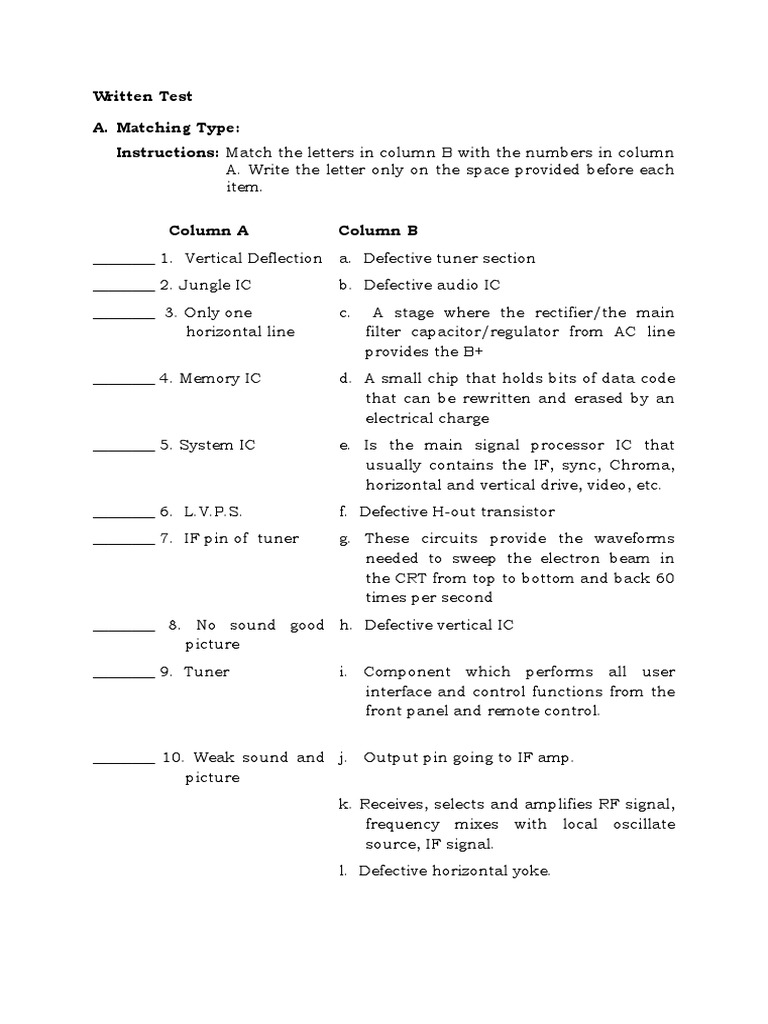 Written Test A. Matching Type: Instructions: Match The Letters in ...