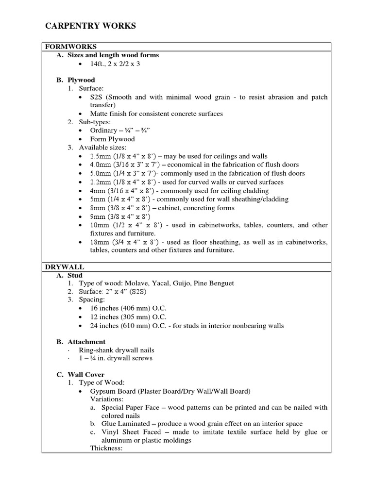Carpentry Works: Formworks A. Sizes and Length Wood Forms | PDF ...