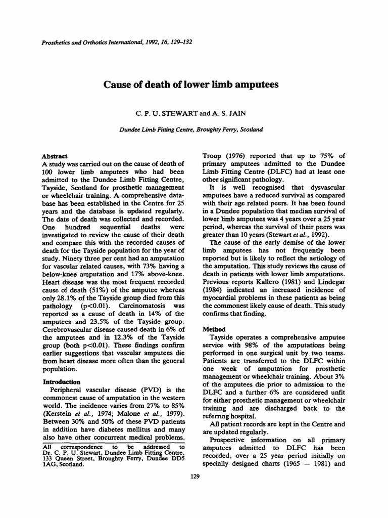 Cause of Death of Lower Limb Amputees: Prosthetics and 1992,16,129-I32 ...