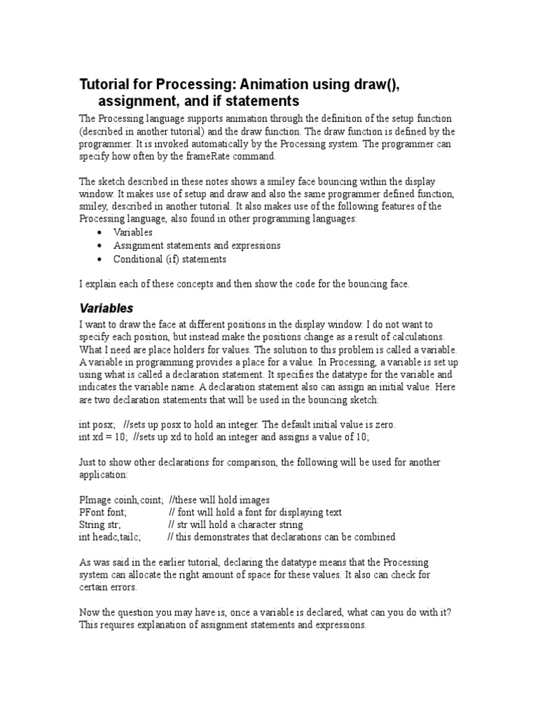 Tutorial For Processing: Animation Using Draw, Assignment, and If ...