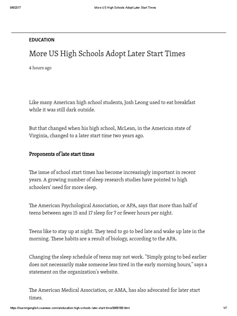 More US High Schools Adopt Later Start Times | PDF | American ...