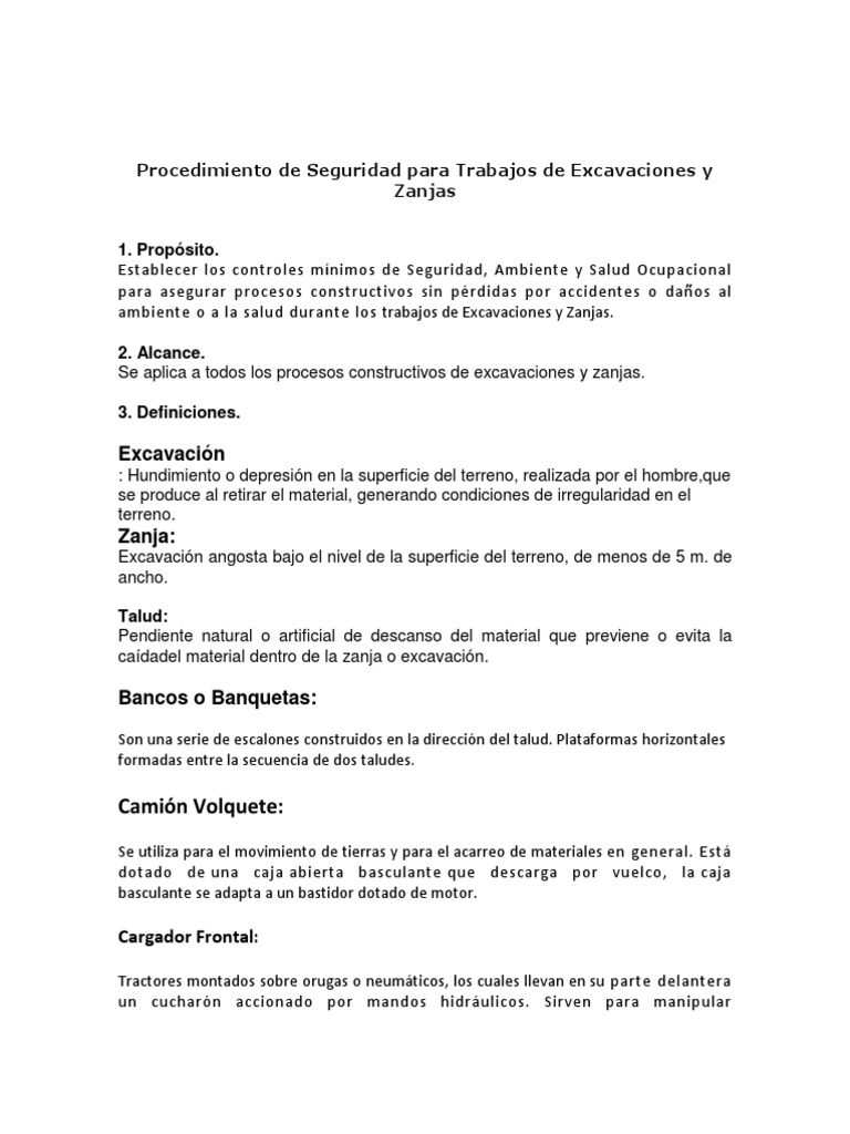 Procedimiento de Seguridad para Trabajos de Excavaciones y Zanjas | PDF ...