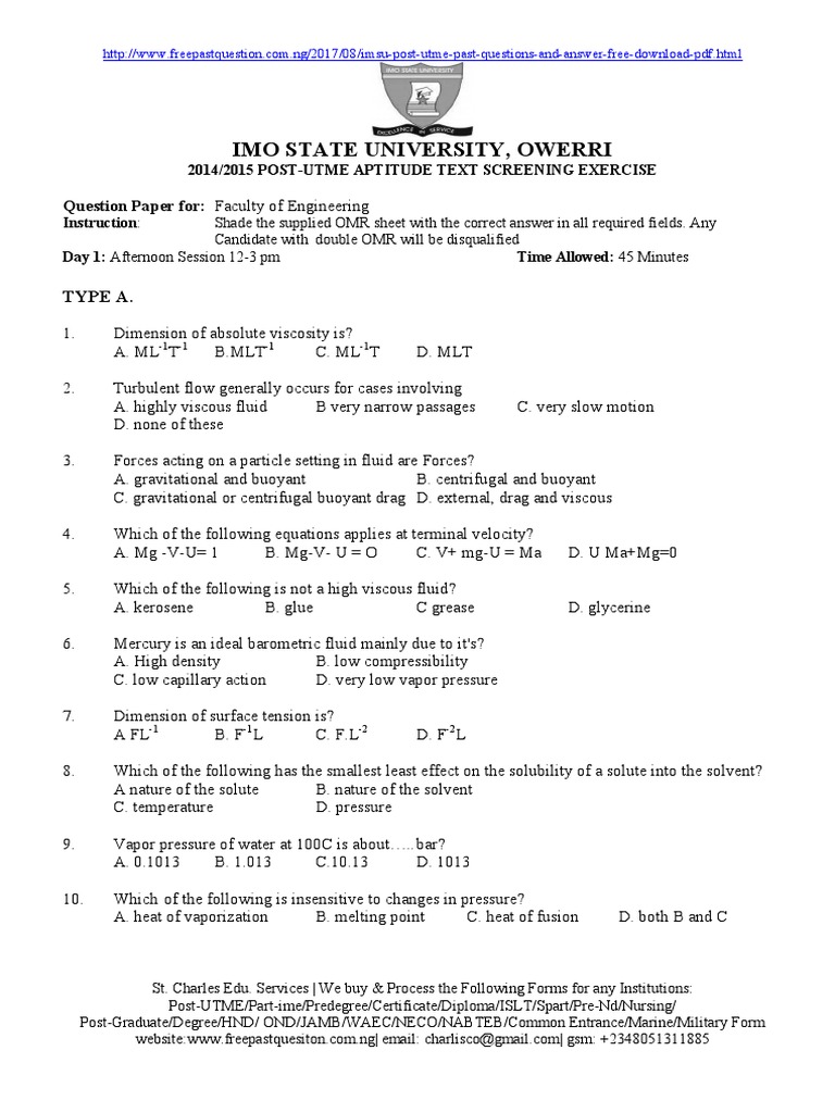 IMo State University Post-UTME Questions | PDF | Viscosity | Drag (Physics)