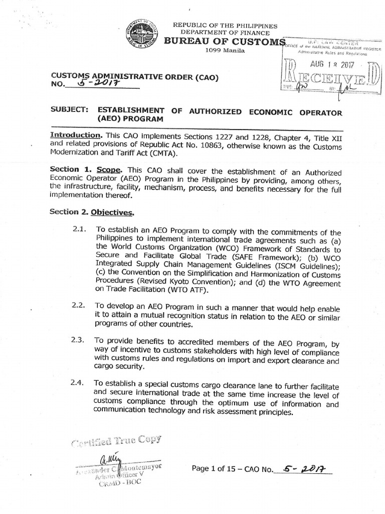 Bureau of Customs CAO-5-2017 - Establishment of Authorized Economic ...