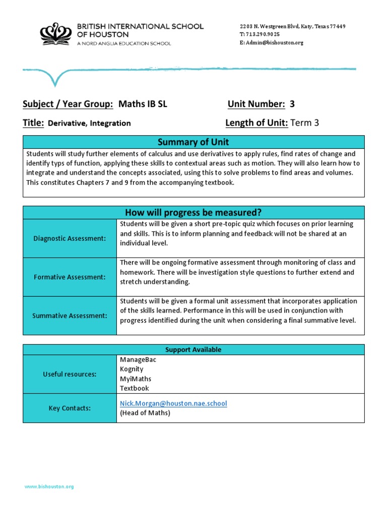Subject / Year Group: Maths IB SL Unit Number: 3 Title: Summary of Unit