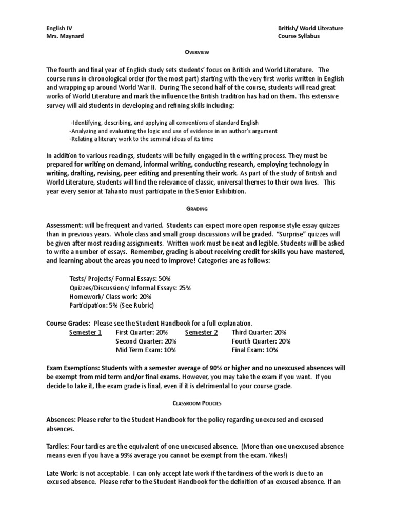 English IV: British & World Lit Syllabus | PDF | Essays | Homework