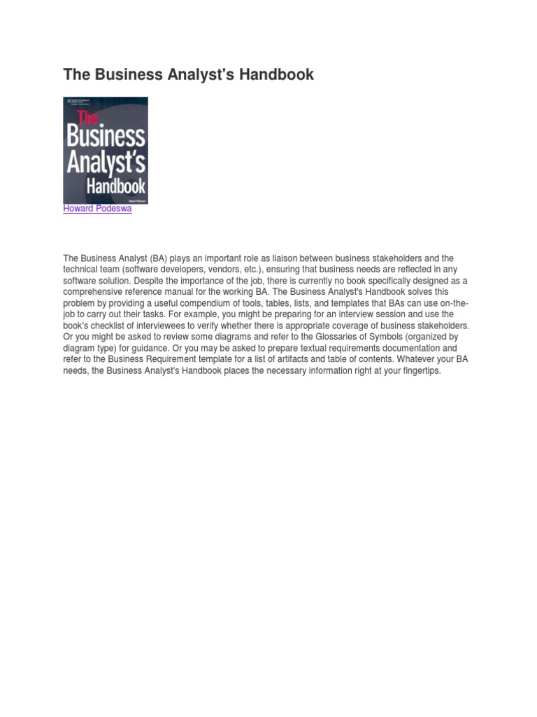 The Business Analyst Handbook Podesta 2009 Pdf 
