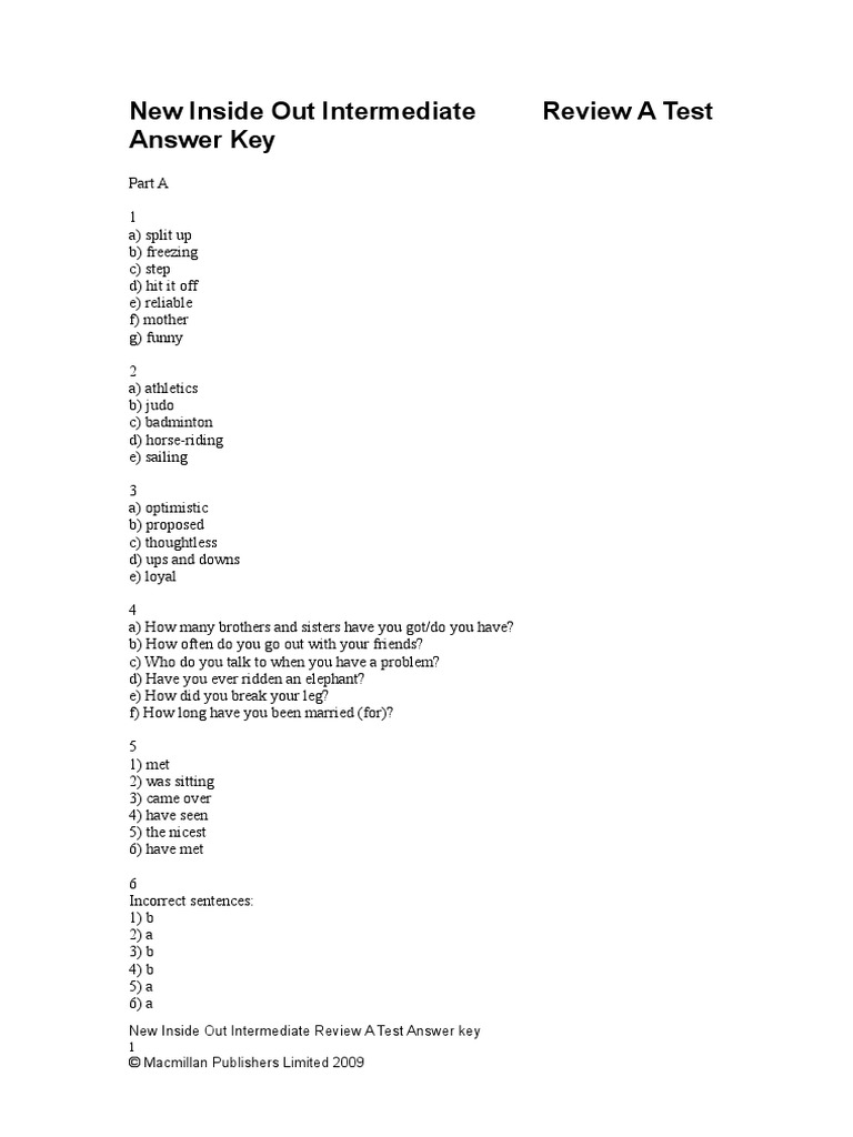 Review A Test Answer Key | PDF