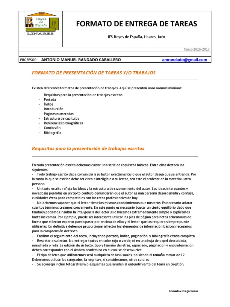 Formato Entrega Tareas PDF | PDF | Bibliografía | Lectura (proceso)