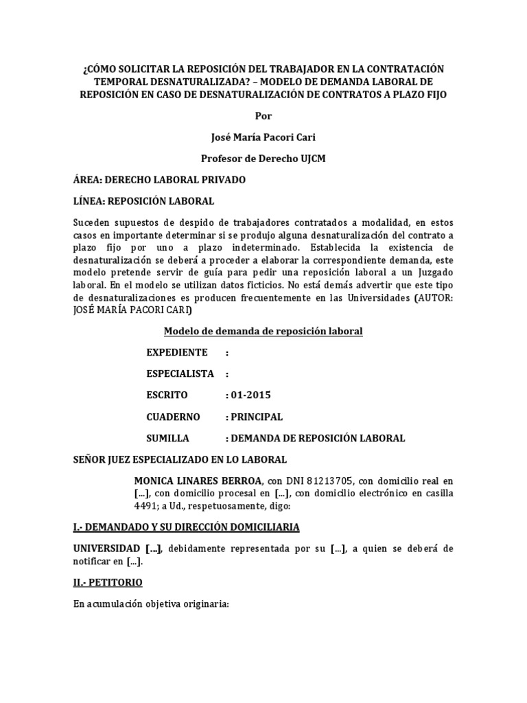 Modelo de Demanda de Reposicion Laboral | PDF | Derecho laboral ...