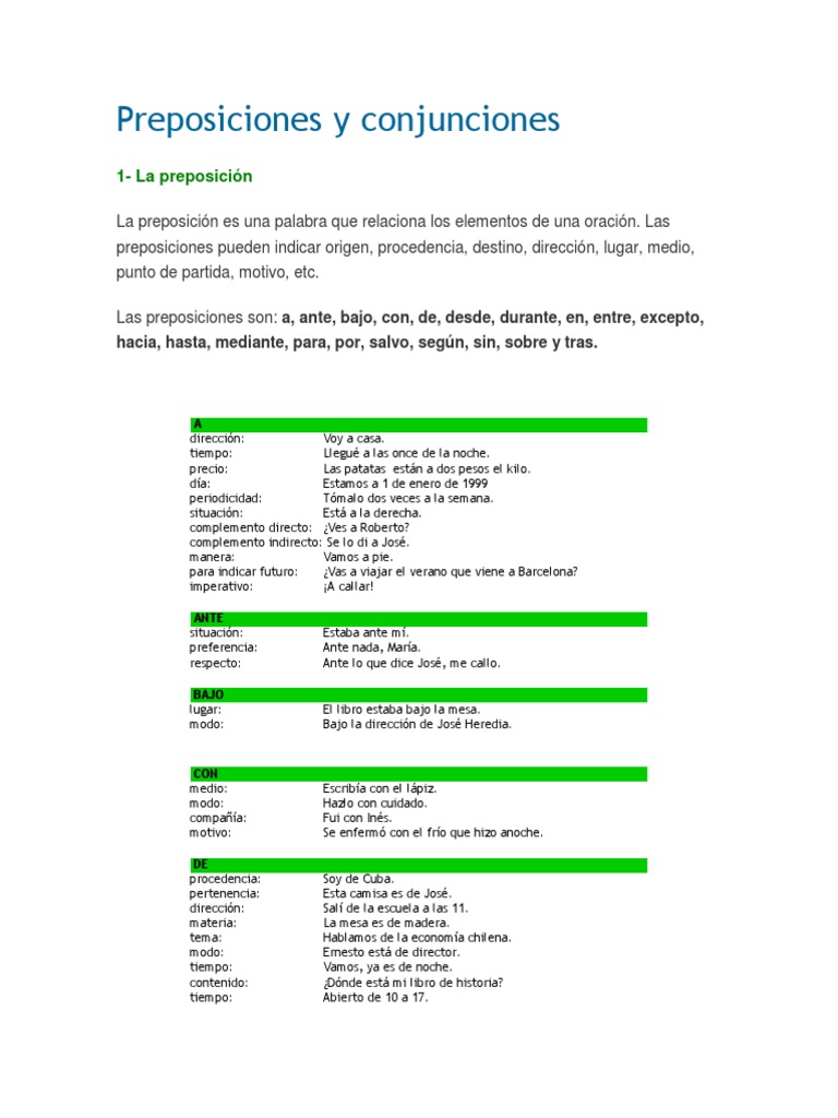 Preposiciones Y Conjunciones En Español Pdf Lingüística Gramática