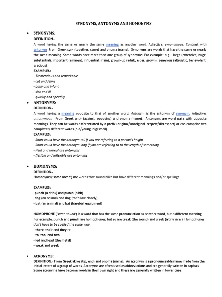 Synonyms, Homonyms and Antonyms | PDF | Lexical Semantics | Linguistics