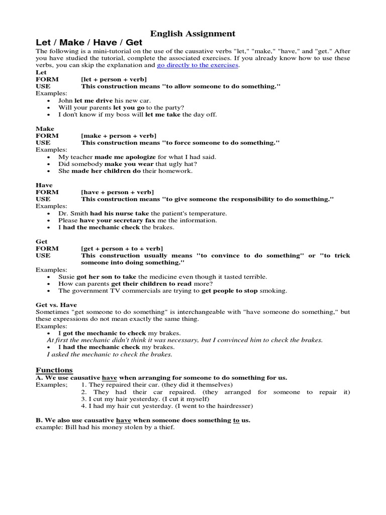 English Assignment Let / Make / Have / Get: Go Directly To The ...