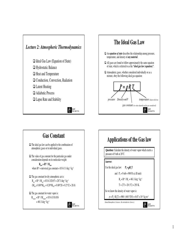 The Ideal Gas Law: Lecture 2: Atmospheric Thermodynamics | PDF ...