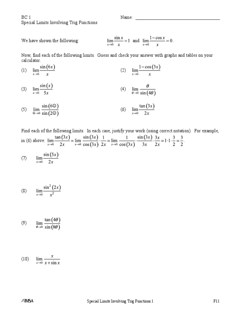 Special Trig Limit Calculations | PDF | Teaching Methods & Materials ...
