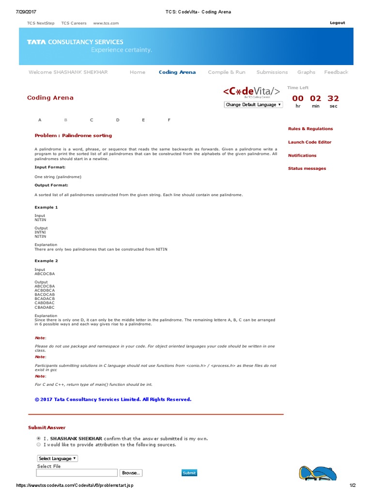 Tcs Codevita Coding Arena2 2017 Pdf C Programming Language String Computer Science