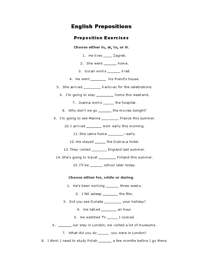 Preposition Exercises and Tests | PDF | Leisure