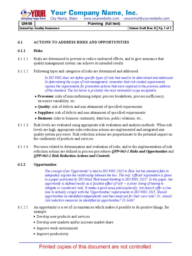 ISO 9001 Quality Manual QM-06 Planning | PDF | Risk | Risk Management