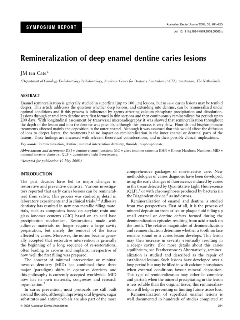 Remineralization of Deep Enamel Dentine Caries Lesions: Symposiumreport ...