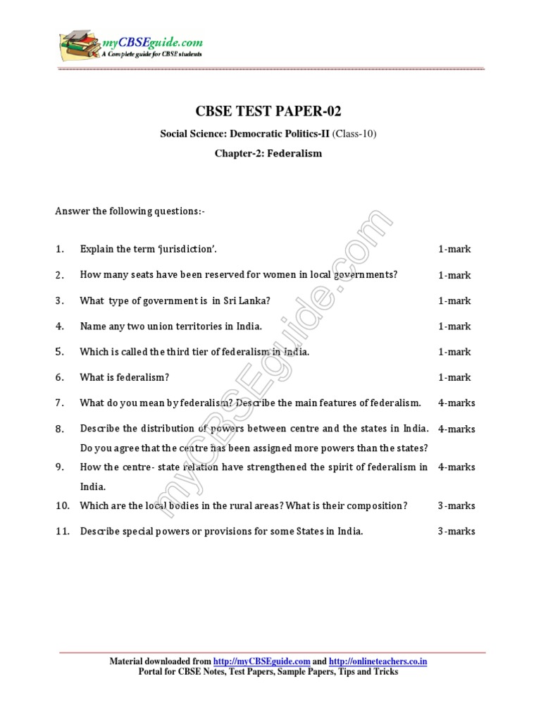 Cbse Test Paper-02: Social Science: Democratic Politics-II (Class-10 ...