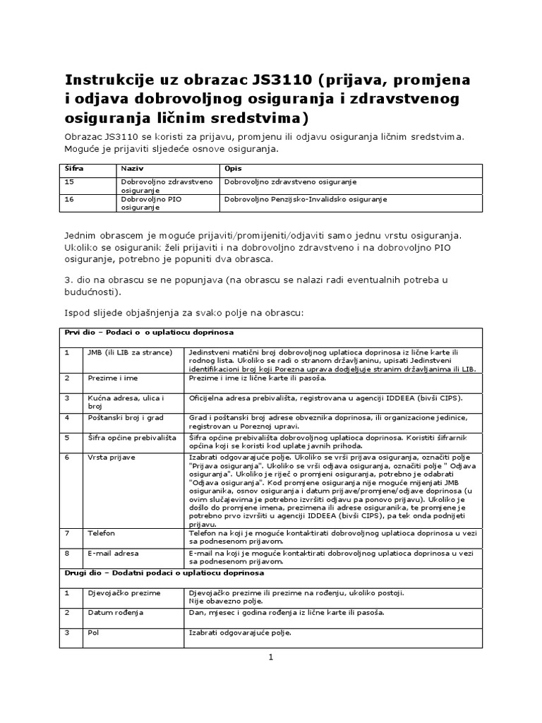 Instrukcije Za Popunjavanje Obrasca JS3110 PDF | PDF