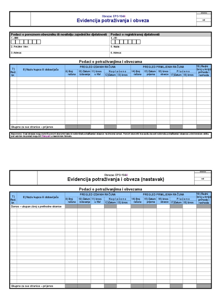 Obrazac 1044-EPO EvidencijaPotražObveza | PDF