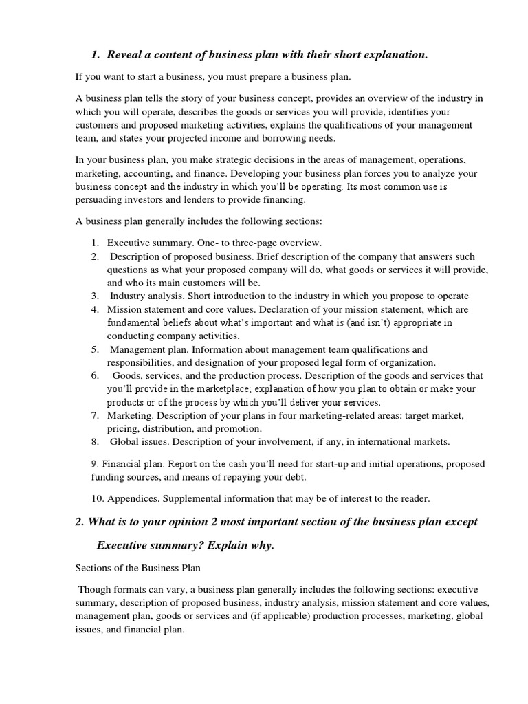 Reveal A Content of Business Plan With Their Short Explanation | PDF ...