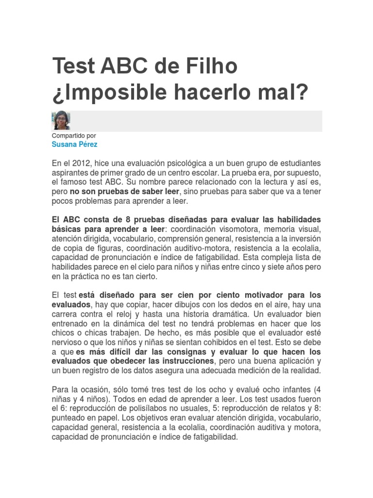 Test ABC de Filho: Evaluación Infantil | PDF | Lectura (proceso ...