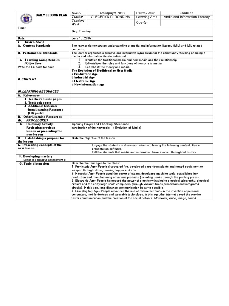 I. Objectives: Makapuyat NHS Grade 11 Gleceryn R. Rondina Media and ...