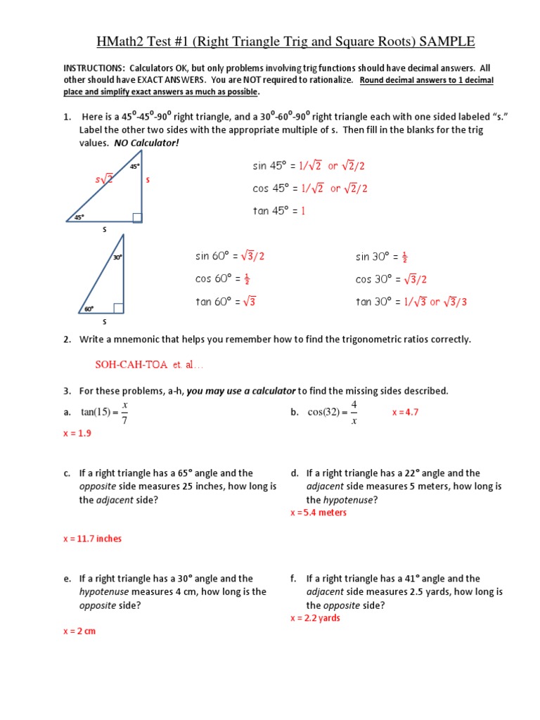hmath2 test 1 - right triangle trig and square roots sample 1617 - key ...