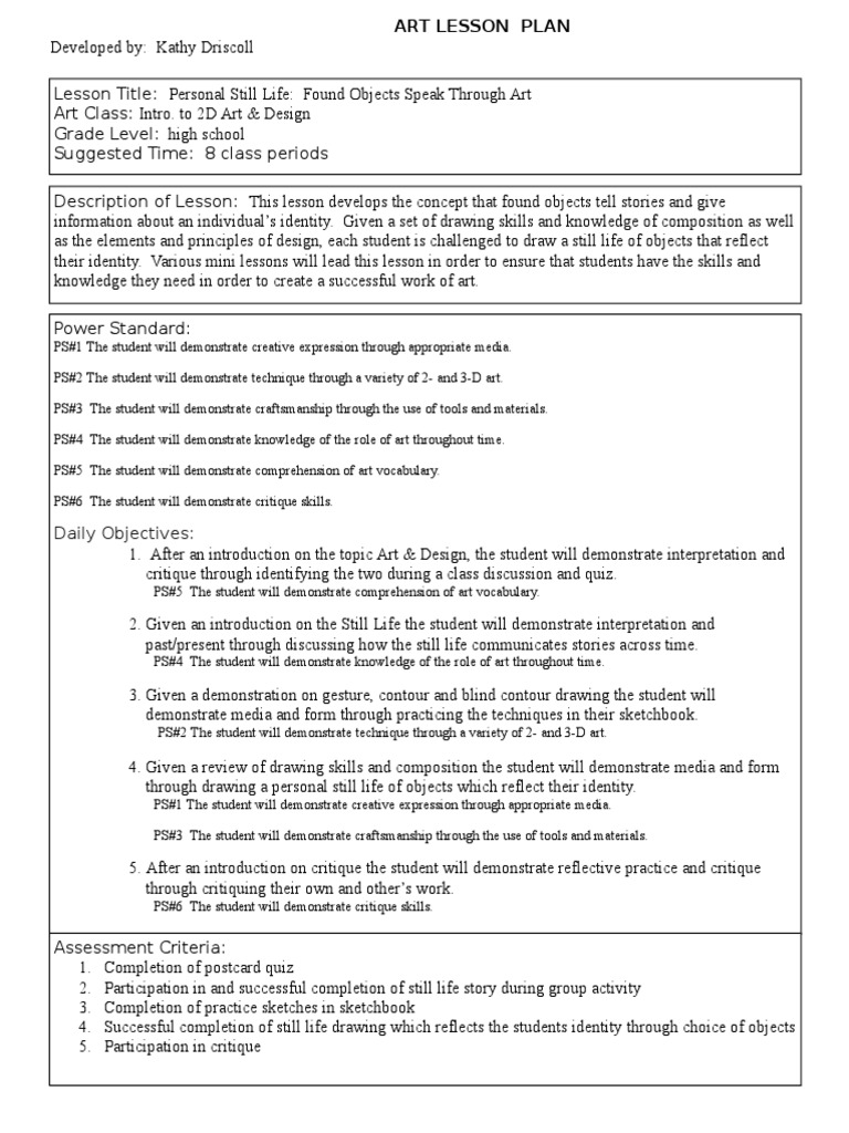 Personal Still Life Art Lesson Plan | PDF | Still Life | Visual Arts