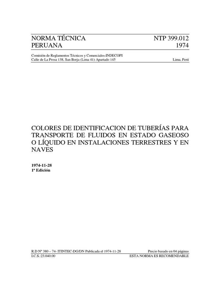 NTP 399,012-1974 Colores de Identificacion de Tuberias para Transporte de Fluidos en PDF | PDF ...