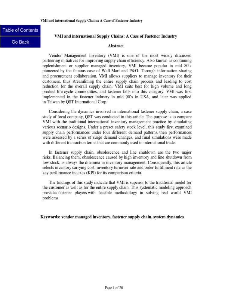 VMI and International Supply Chains A Case of Fastener Industry | PDF ...