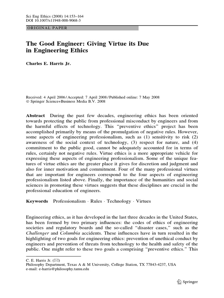 The Good Engineer: Giving Virtue Its Due in Engineering Ethics | PDF ...