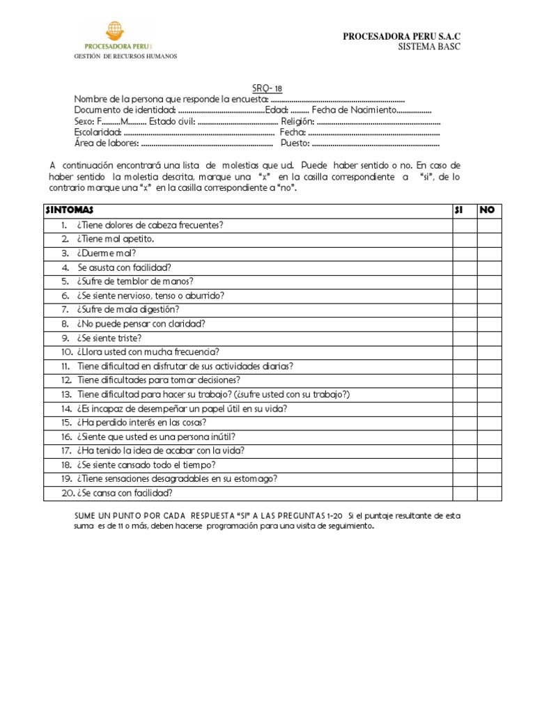 SRQ 18 | PDF | Bienestar | Medicina