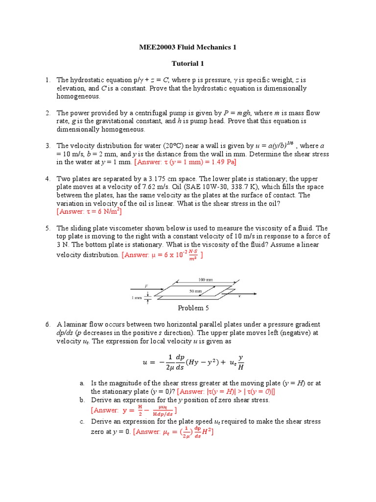 (Answer: τ (y = 1 mm) = 1.49 Pa) : MEE20003 Fluid Mechanics 1 Tutorial 1 | PDF | Shear Stress ...