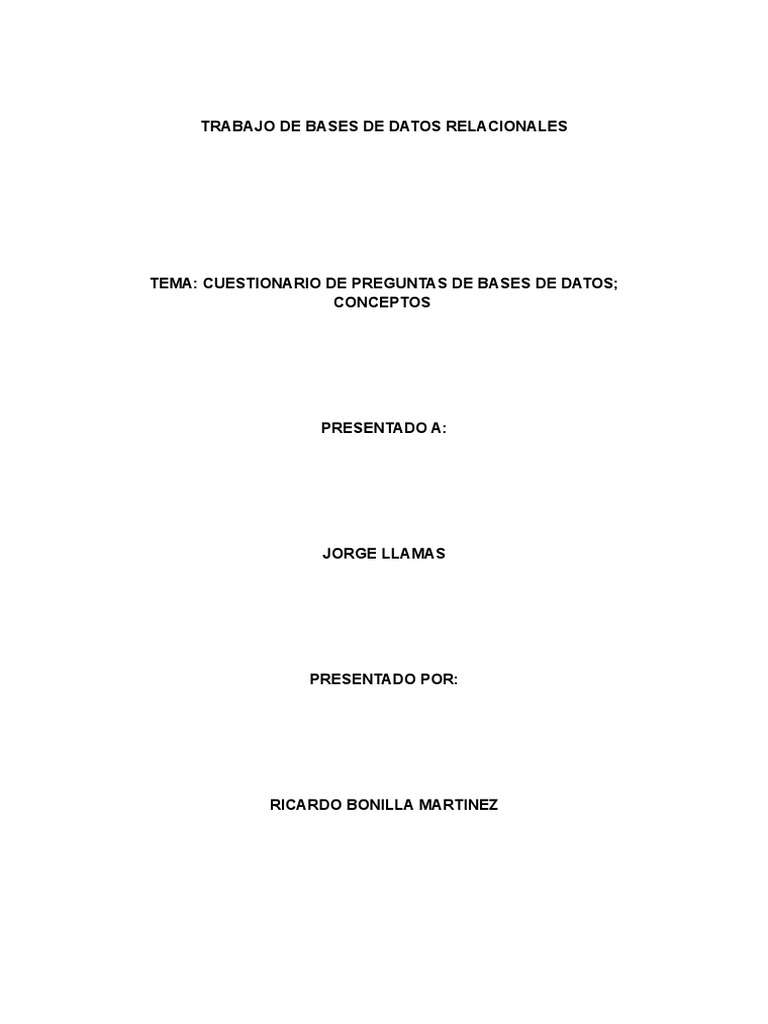 Cuestionario 1 Base de Dato (1) y Respuestas | PDF | Tabla (base de datos) | Bases de datos