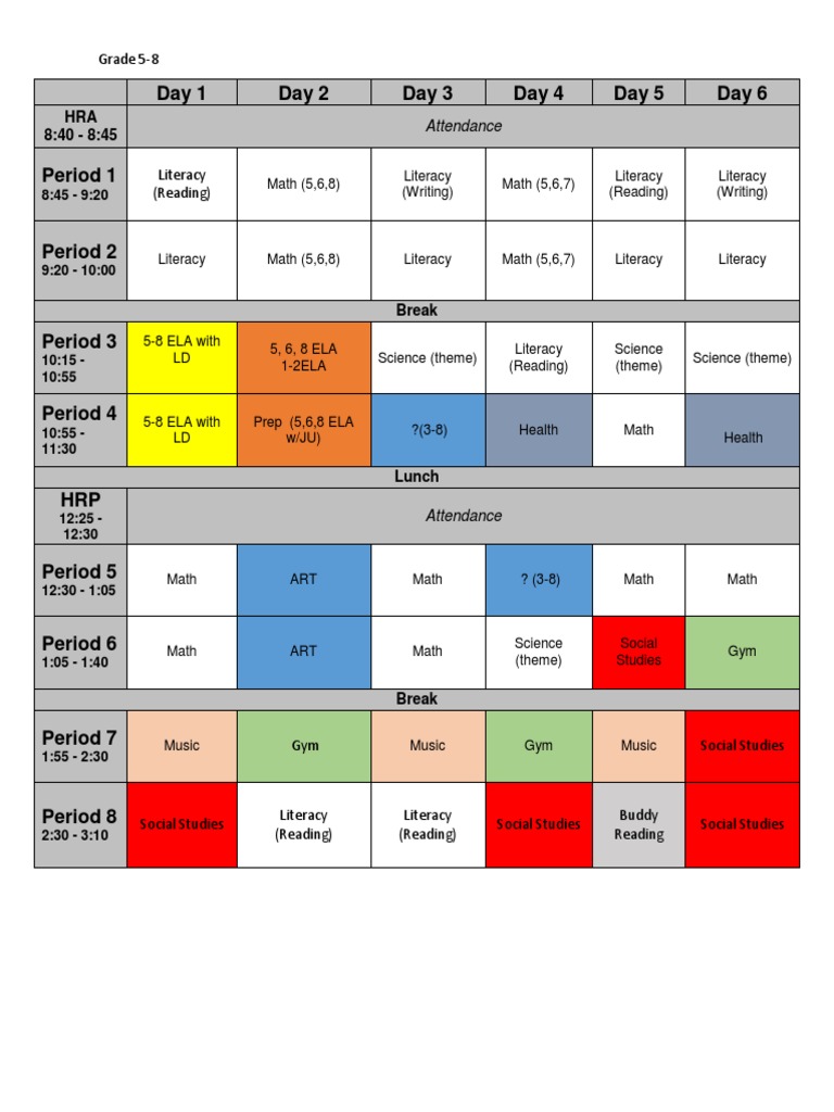 Grade 5-8 Weekly Timetable Schedule | PDF